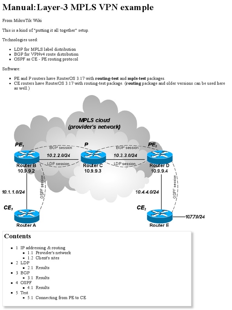 Manual - Layer-3 MPLS VPN Example - MikroTik Wiki | PDF | Networking | Multiprotocol Label Switching