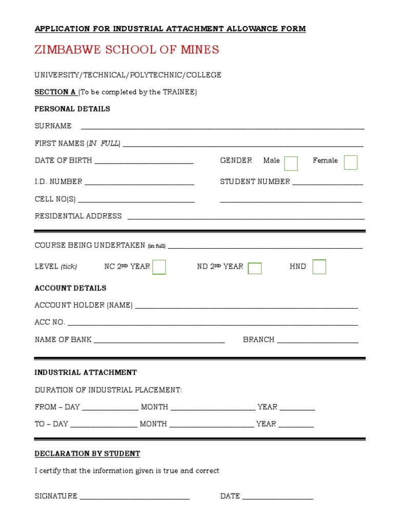 Application for Industrial Attachment Allowance: A Comprehensive Form ...