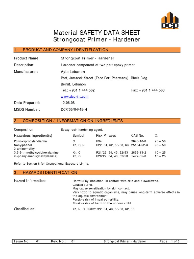 MSDS Strongcoat Primer Hardener | PDF | Toxicity | Personal Protective ...