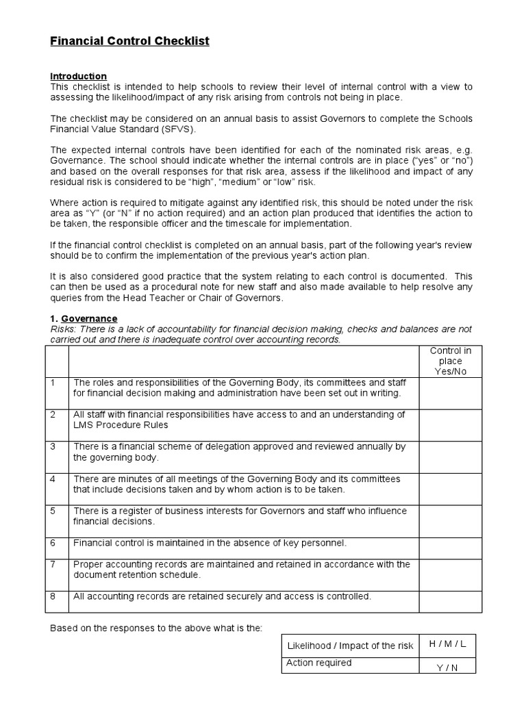 Financial Control Checklist | PDF | Internal Control | Risk