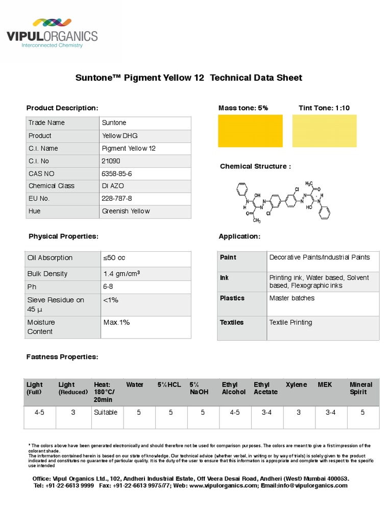 Suntone Pigment Yellow 12 TDS | PDF | Pigment | Paint
