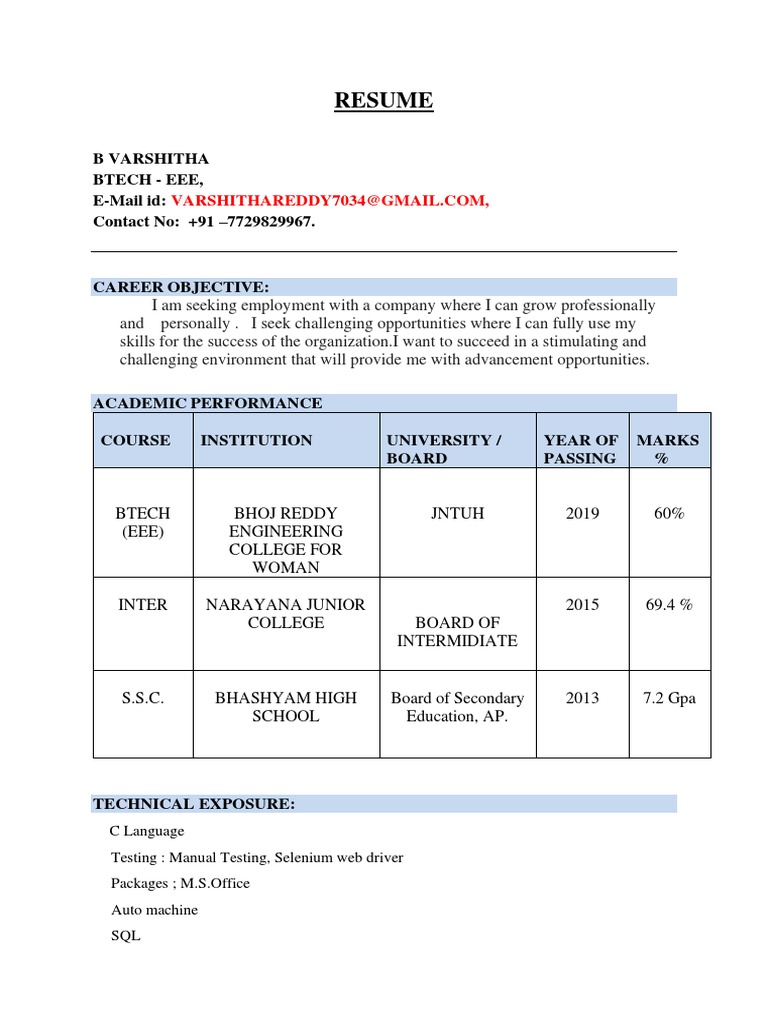 Resume: B Varshitha Btech - Eee, E-Mail Id: Contact No: +91 - 7729829967 | PDF