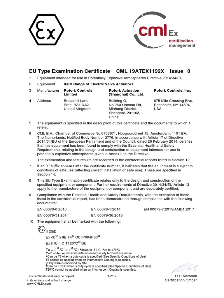 CML Certificate for IQT3 Actuators | PDF | Electric Motor | Electrical ...