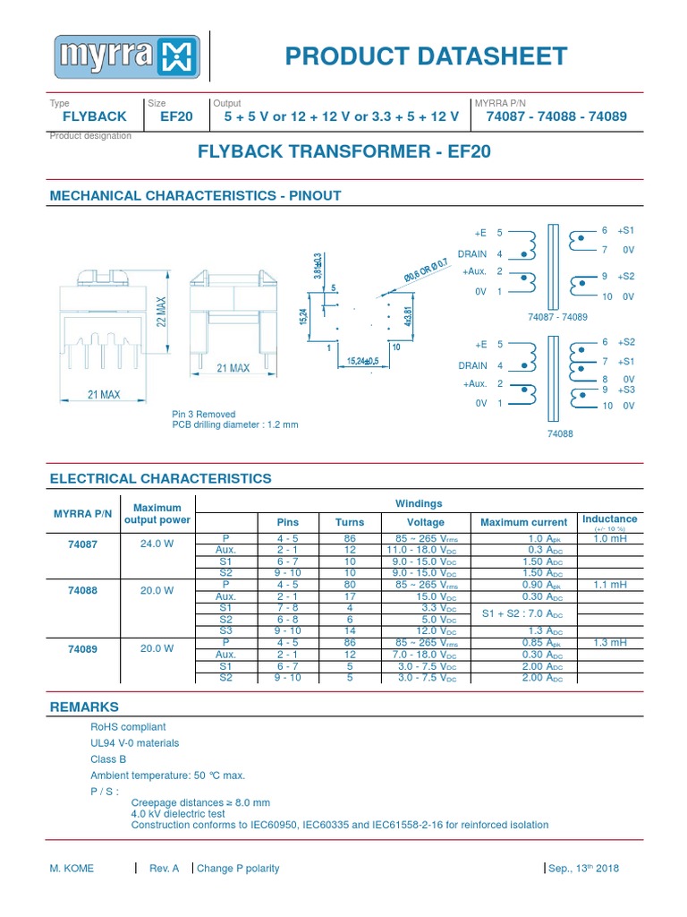 Product Datasheet: Flyback Transformer - Ef20 | PDF | Electrical Equipment | Electrical Engineering