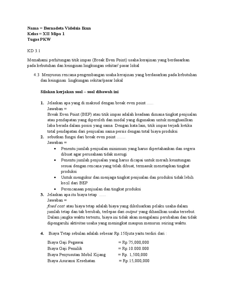 Bernadeta V. Ikun - XII Mipa 1 - LKPD BEP OK | PDF | Bisnis | Teknologi & Rekayasa