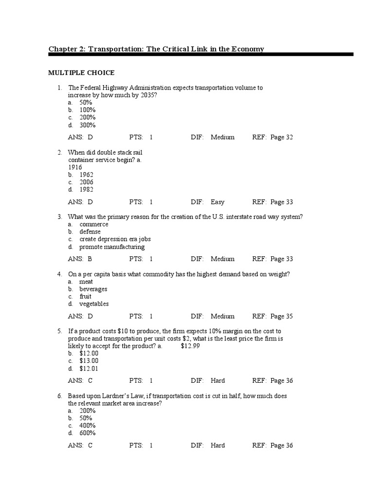 Chapter 2: Transportation: The Critical Link in The Economy: Multiple Choice | PDF