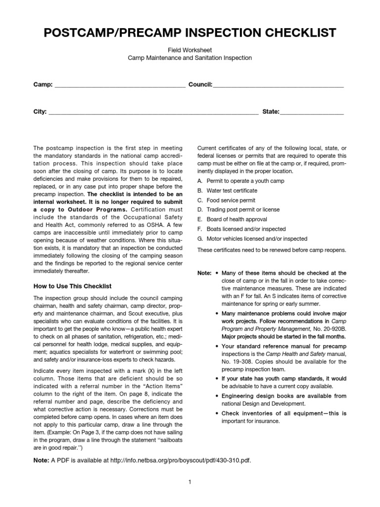 Postcamp/Precamp Inspection Checklist: Field Worksheet Camp Maintenance ...