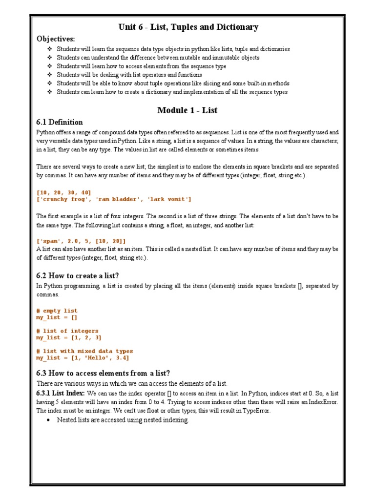 Unit 6 - List, Tuples and Dictionary: Objectives | PDF | String (Computer Science) | Bracket