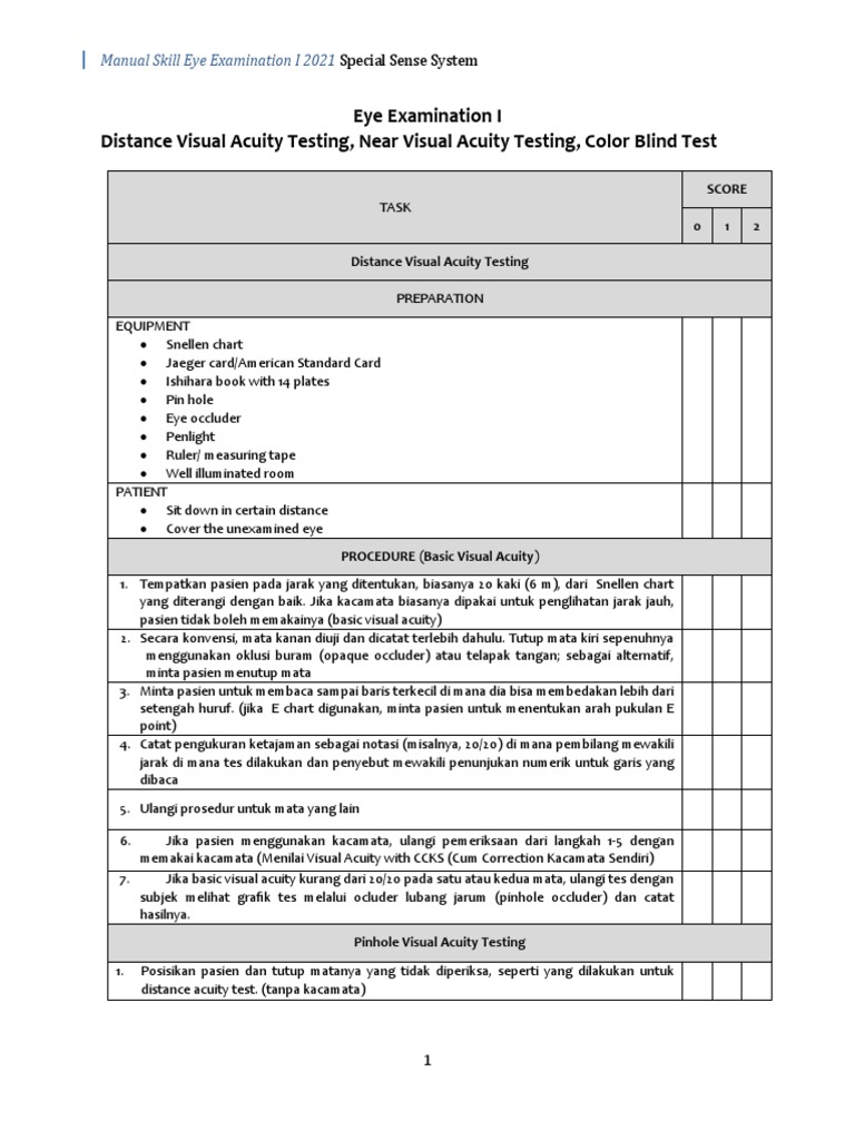 Translate Skill Lab 1 Visual Acuity and Color Blind Test Rev | PDF