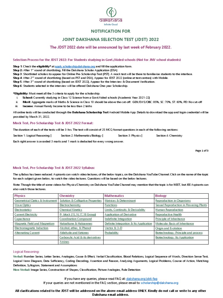 Notification For Joint Dakshana Selection Test (JDST) 2022 | PDF ...