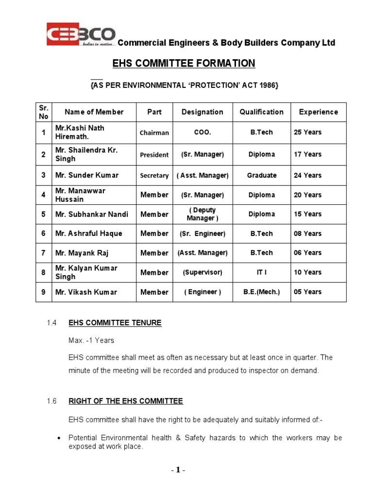 Ehs Committee - New | PDF | Occupational Safety And Health | Safety