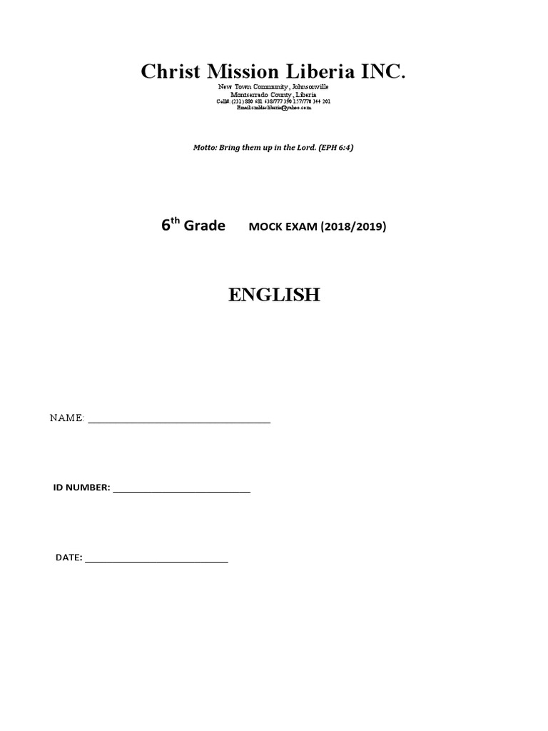 CML 6TH Grade English Mock | PDF | Verb | Noun