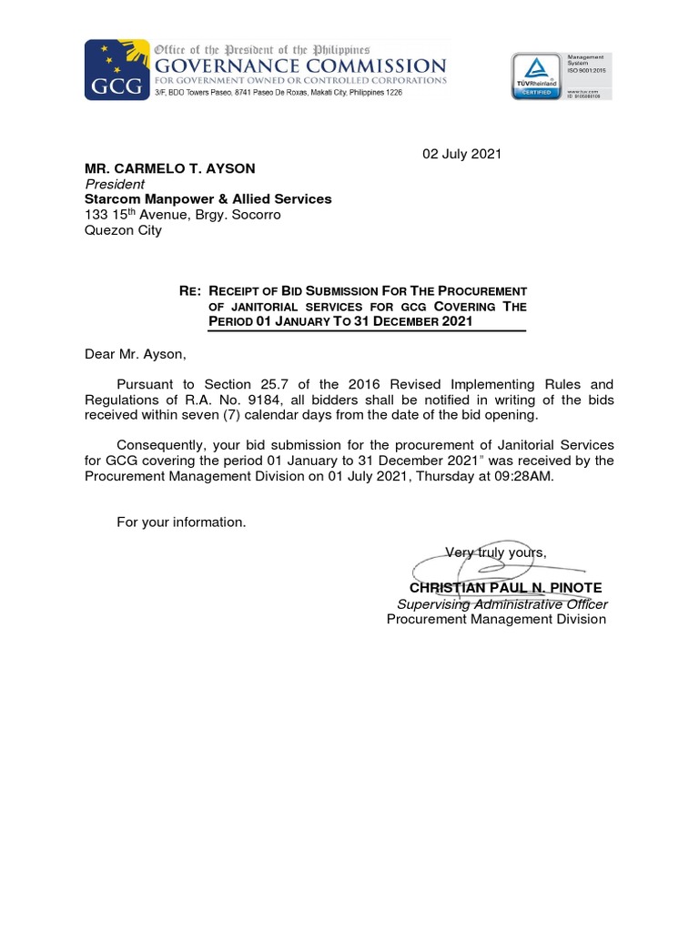 Acknowledgement Receipt of Bids - StarCom | PDF