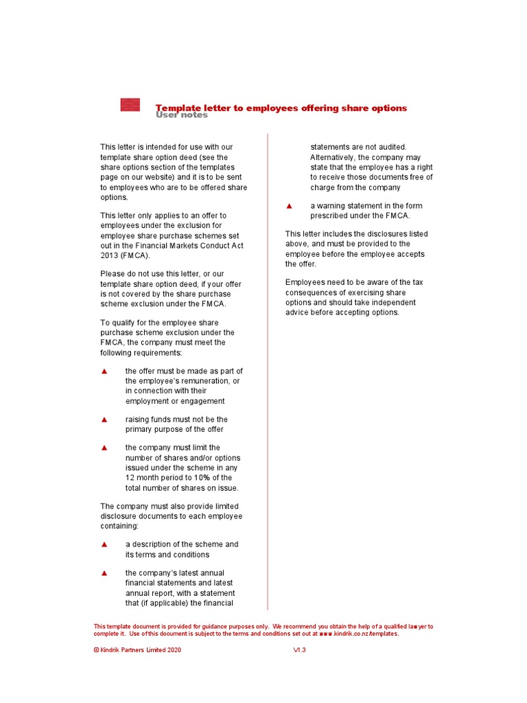 Template Letter To Employees Offering Share Options: User Notes | PDF ...