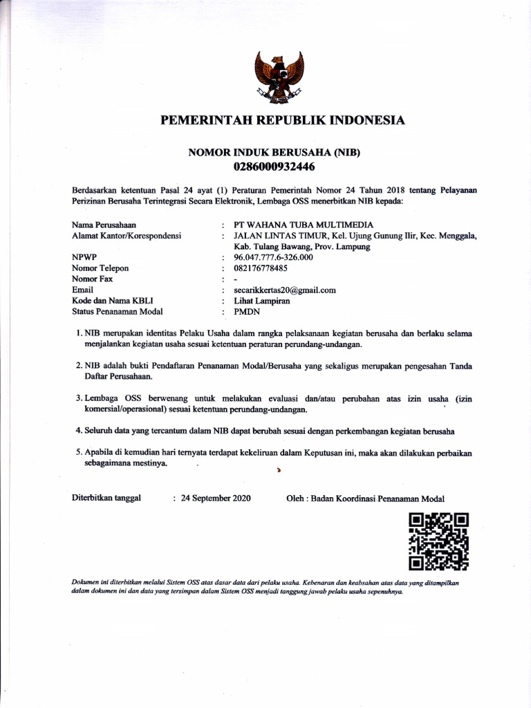 Informasi NIB PT Wahana Tuba Multimedia | PDF | Pengelolaan Keuangan & Uang