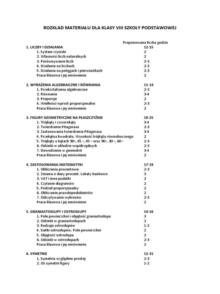 Rozklad Materialu Klasa 8 2018 | PDF