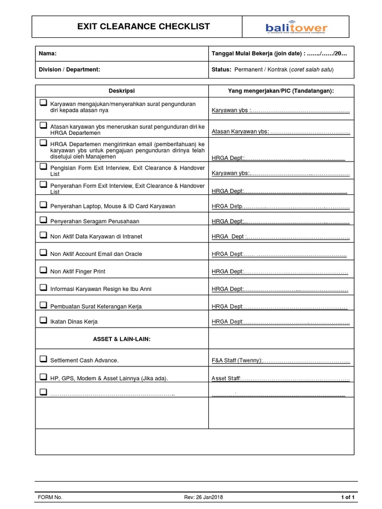 Form - Exit Clearance Checklist - Rev | PDF