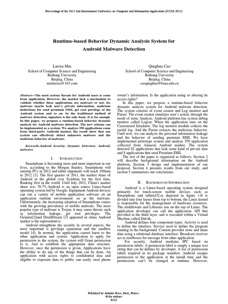Runtime-Based Behavior Dynamic Analysis System For Android Malware Detection | PDF | Android ...