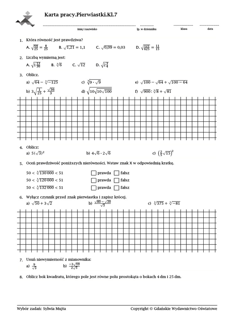 Karta Pracy - Pierwiastki.Kl.7: Imię I Nazwisko Lp. W Dzienniku Klasa ...