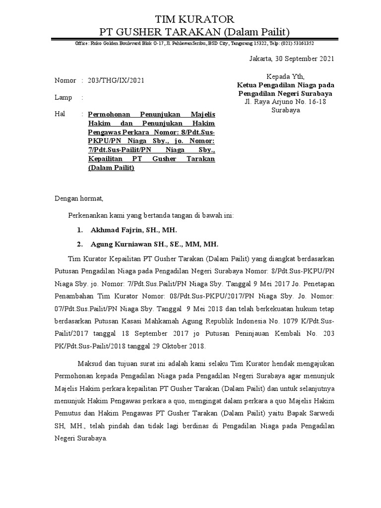 Surat Permohonan Penunjukan Hakim Pengawas | PDF Surat Permohonan Penunjukan Hakim Pengawas | PDF