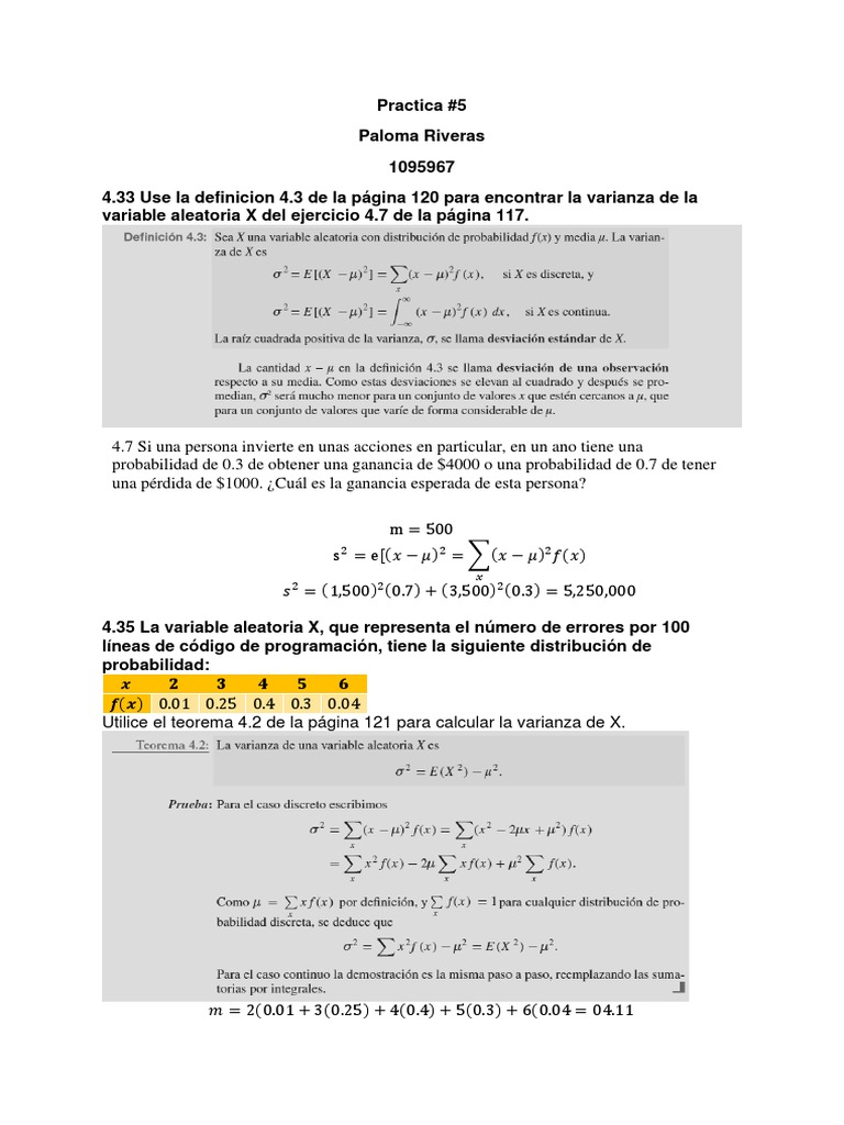 Practica #5 Probabilidad y Estadistica | PDF | Diferencia | Variable aleatoria