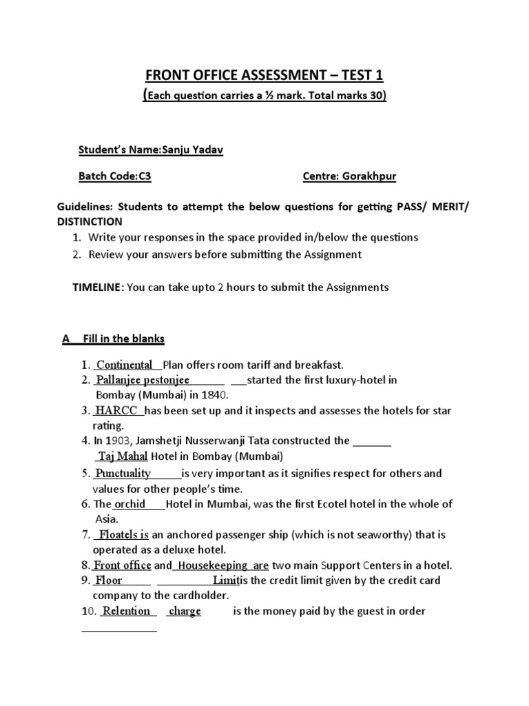 Front Office Assessment Test-1 | PDF | Hotel | Payments
