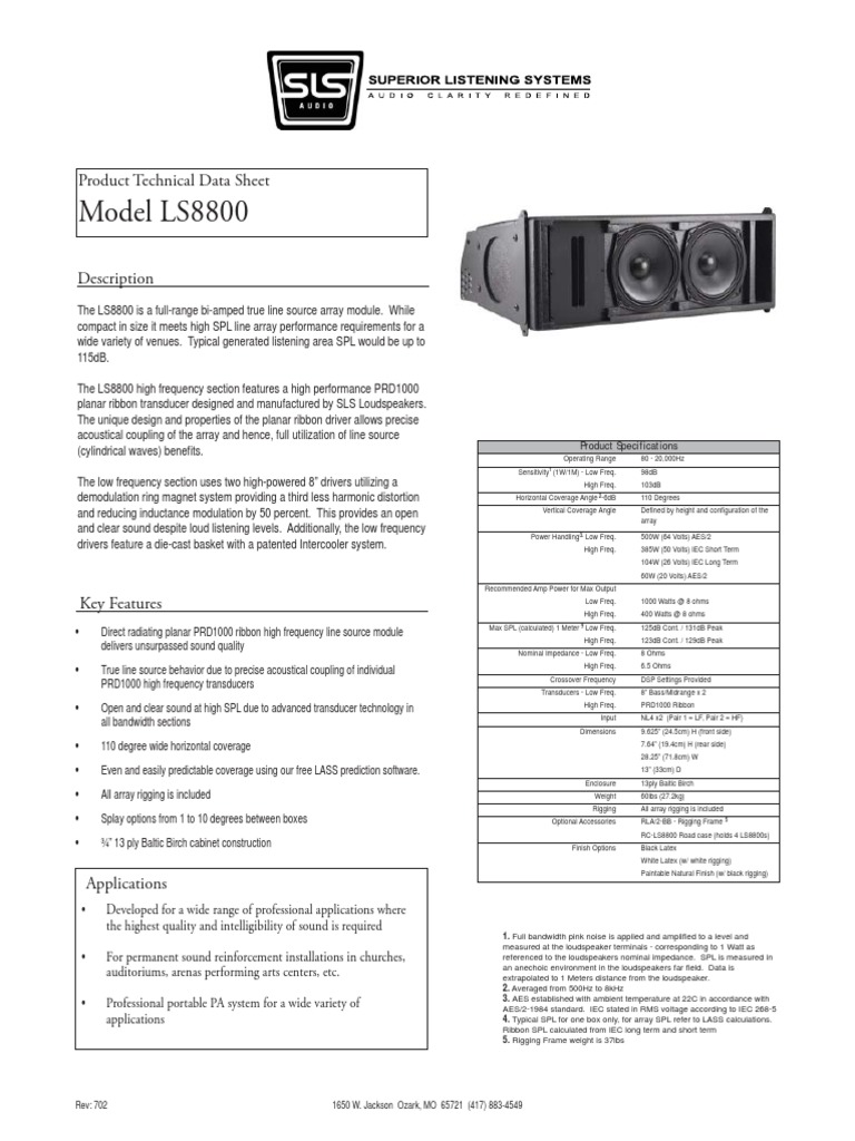 Model LS8800: Product Technical Data Sheet | PDF | Loudspeaker | Sound