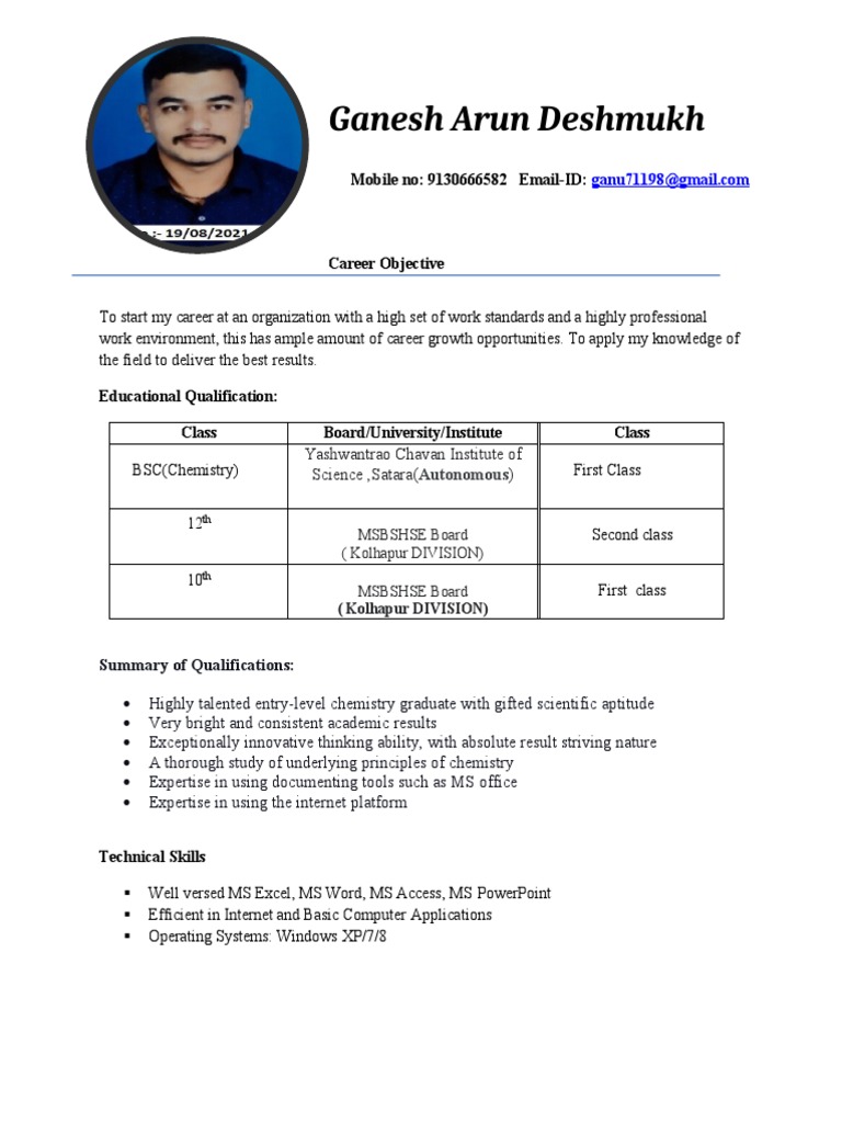 BSc Chemistry Fresher Resume Sample | PDF | Computing