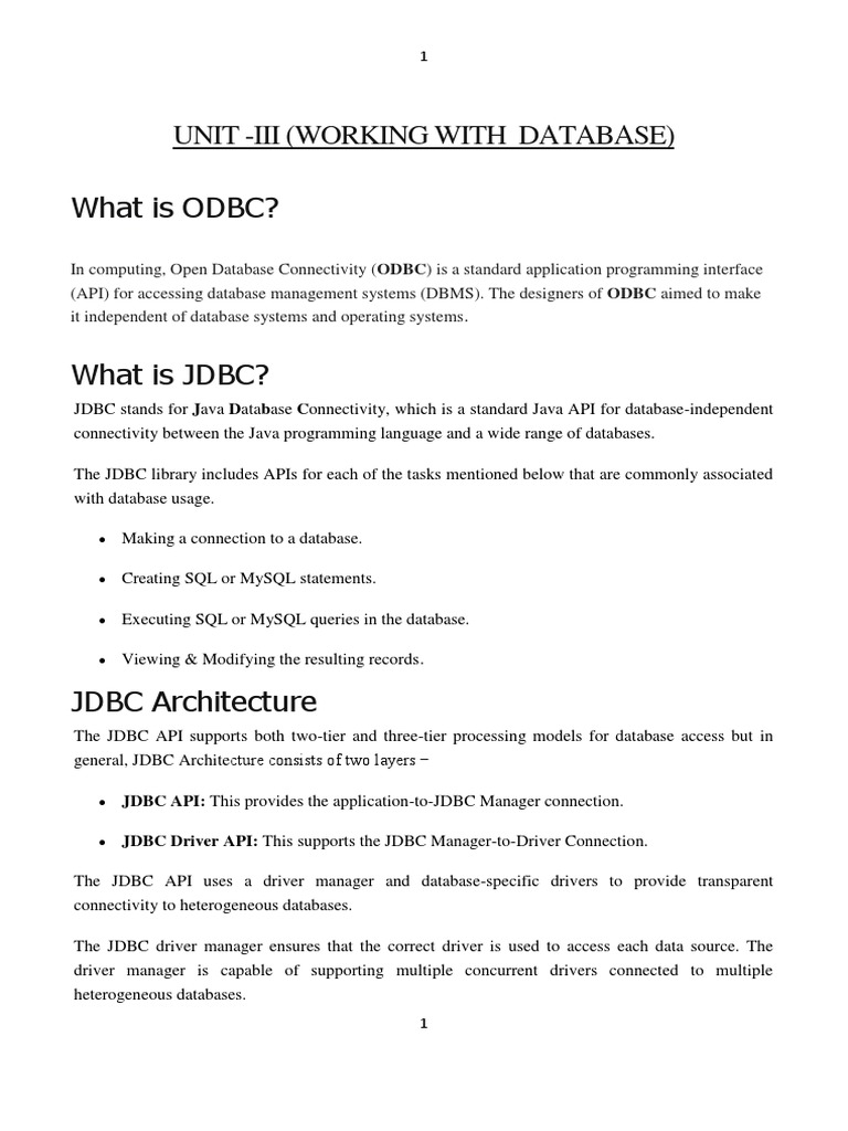 Unit - Iii (Working With Database) What Is ODBC? | PDF | Databases ...