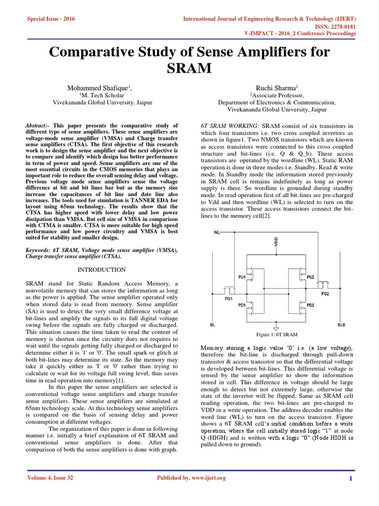 Comparative Study of Sense Amplifiers For Sram IJERTCONV4IS32019 | Download Free PDF | Amplifier ...