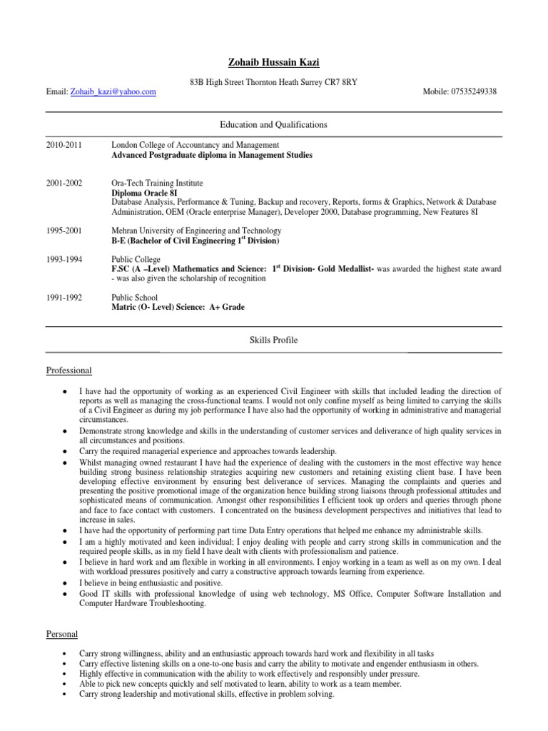 CV - Zohaib Hussain Kazi | PDF | Civil Engineering | Engineering