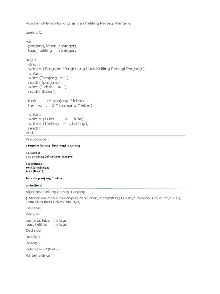 Program Menghitung Luas Dan Keliling Persegi Panjang | PDF