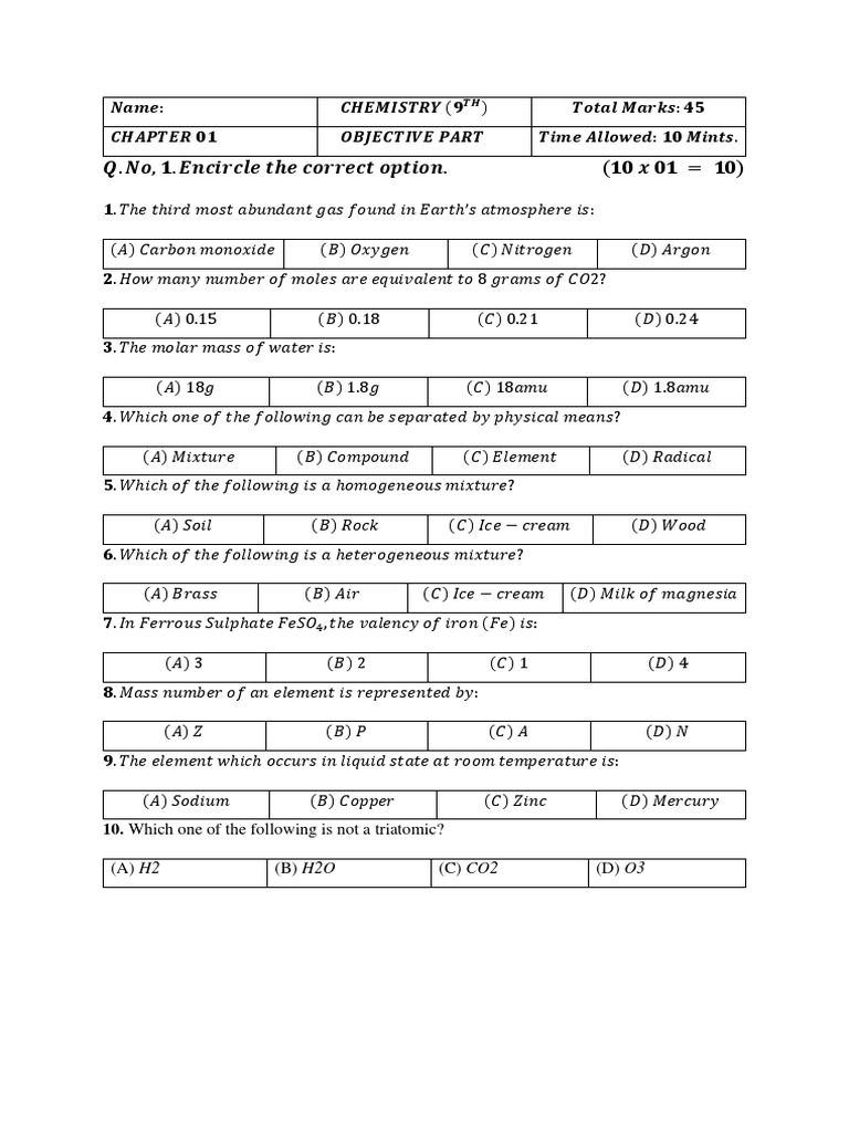 9th Grade Chemistry Exam Questions | PDF | Molecules | Nature