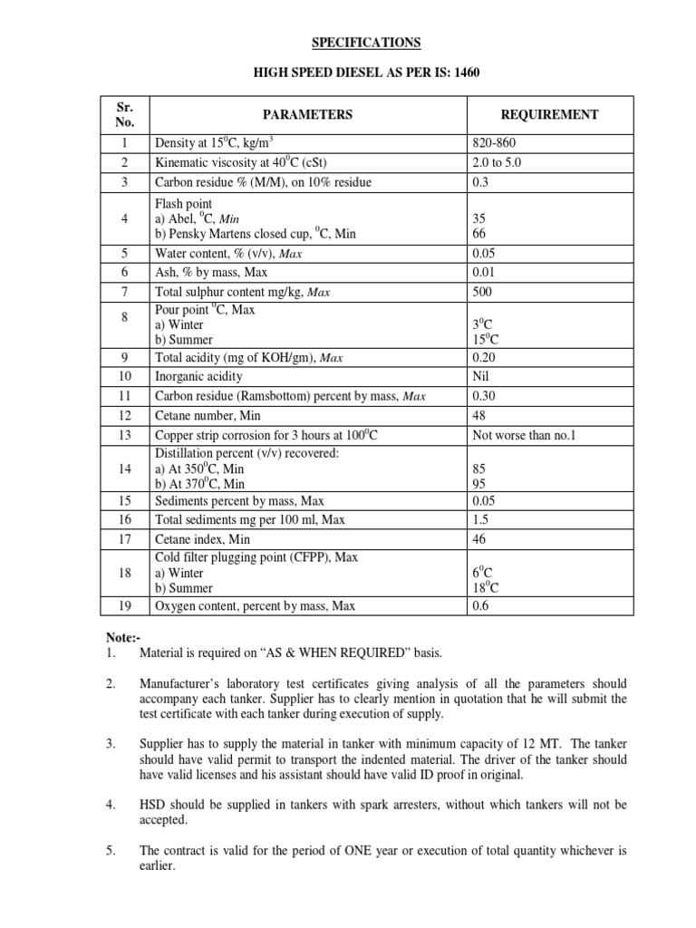 Specifications High Speed Diesel As Per Is: 1460 | Download Free PDF ...