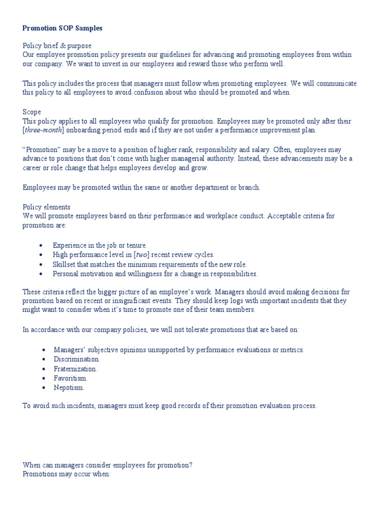 Employee Promotion SOP Samples | PDF | Performance Appraisal | Employment