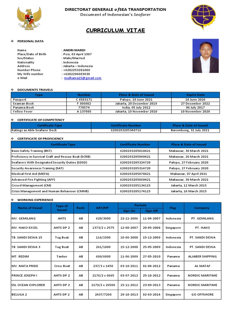 Curriculum Vitae: Directorat Generale of Sea Transportation | PDF | Sailor | Transport