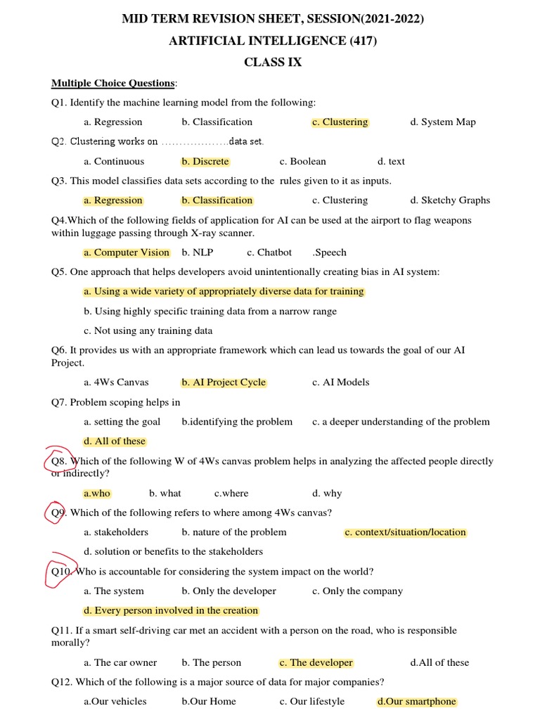 Class 9 AI Midterm Revision Sheet | PDF | Artificial Intelligence ...