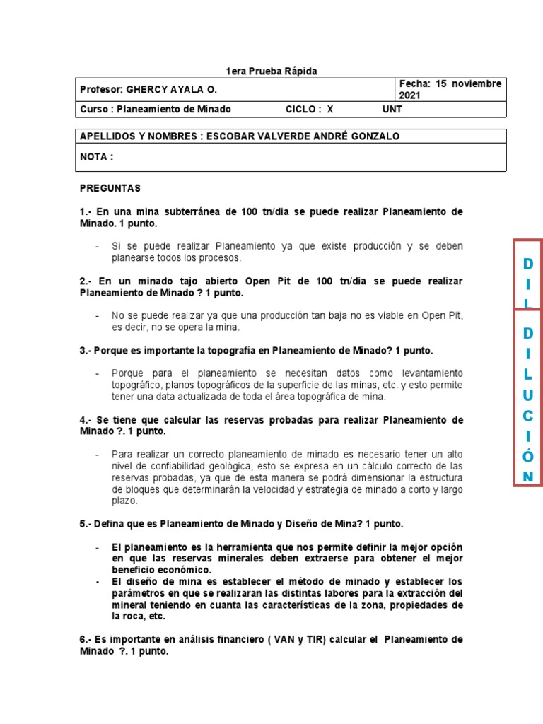 1ERA Prueba Covid - Planeamiento de Minado - ESCOBAR VALVERDE | PDF ...