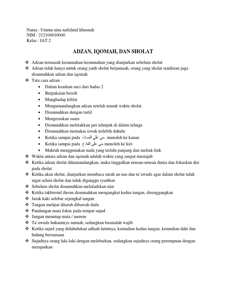Ummu Aina Nafidatul Khusnah IAT2 - Adzan, Iqomah, Dan Sholat | PDF