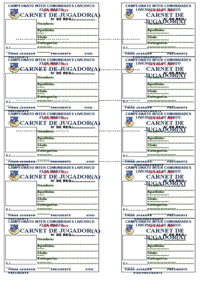 Plantilla de Carnet de Jugador de Fútbol | PDF | Juegos y actividades
