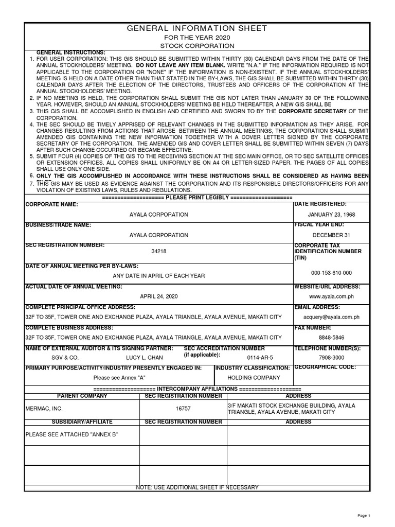 Disclosure No. 1582 2020 General Information Sheet For The Year 2020 ...
