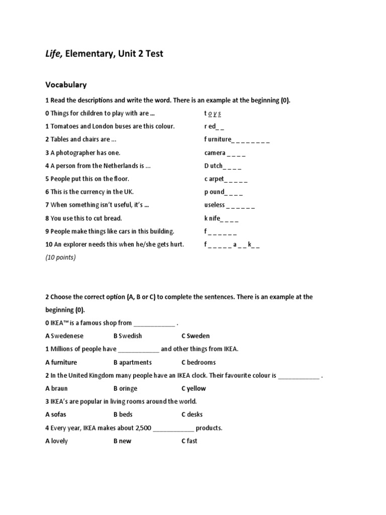Life 2e - Elementary - Unit 2 Test - Word | PDF