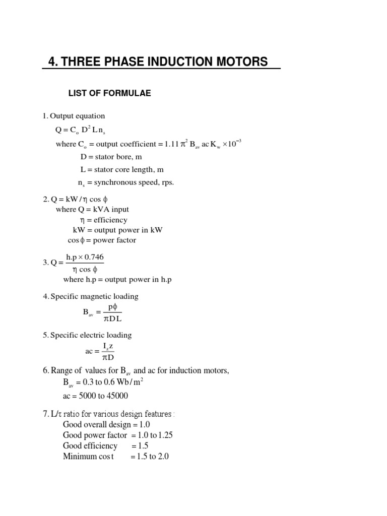 Three Phase Induction Motors: List of Formulae | PDF | Electric Motor ...