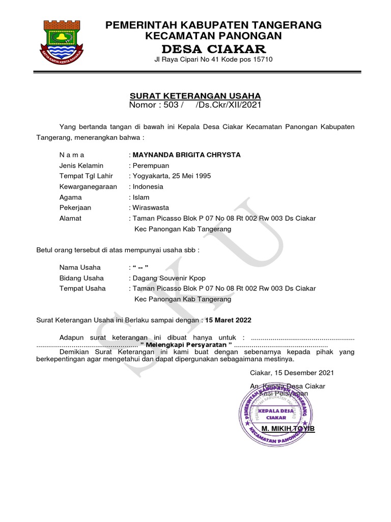 Surat Keterangan Usaha | PDF
