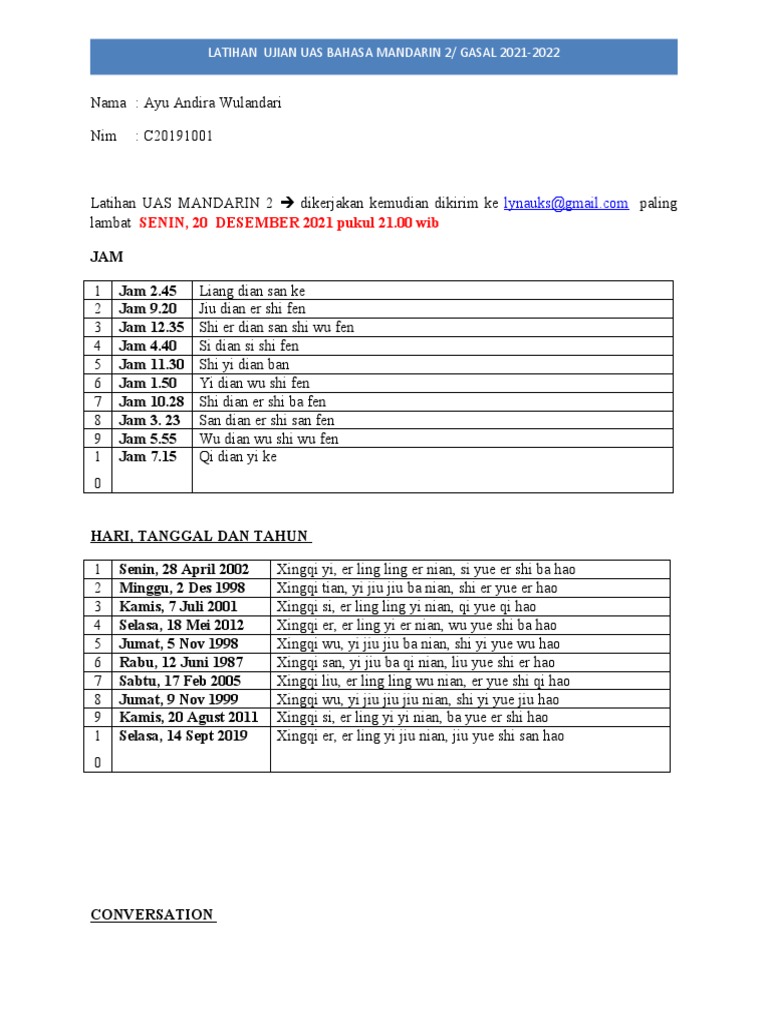 Latihan UAS Mandarin 2 | PDF