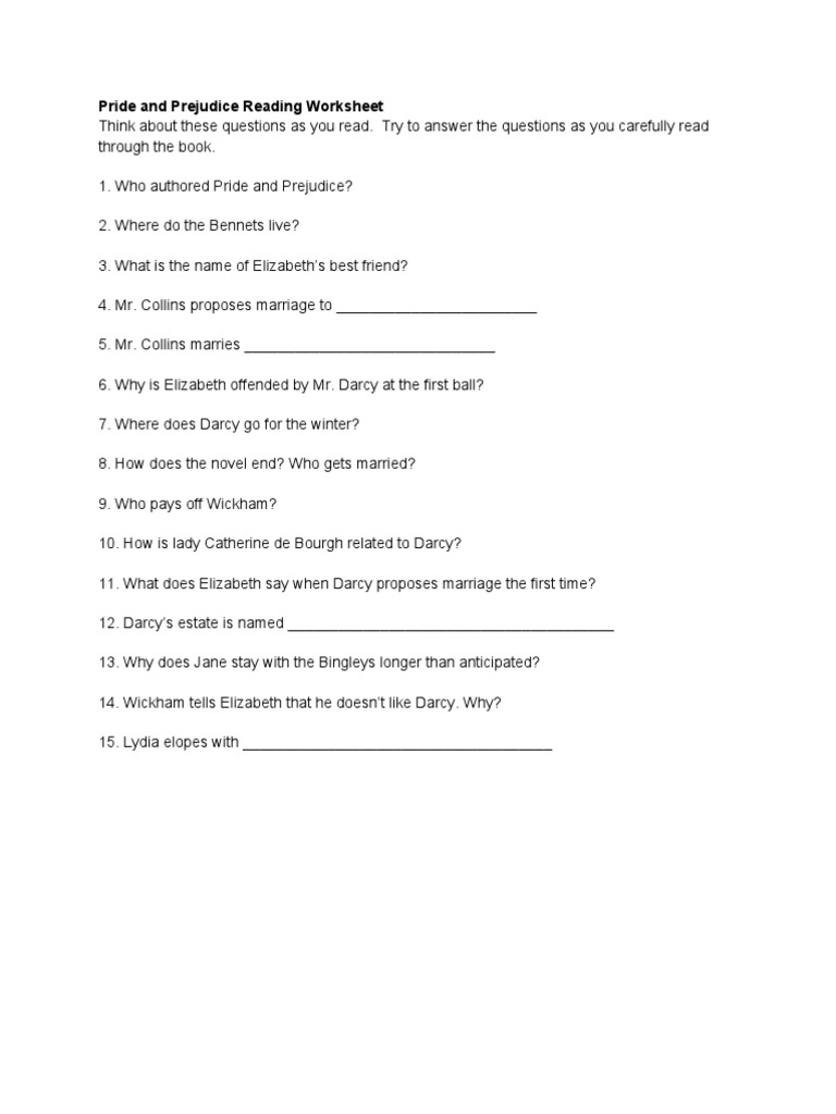 Pride and Prejudice Reading Worksheet | PDF | Pride And Prejudice | Mr ...