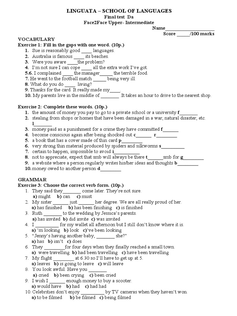 Face2Face Upper-Intermediate Final Test | PDF