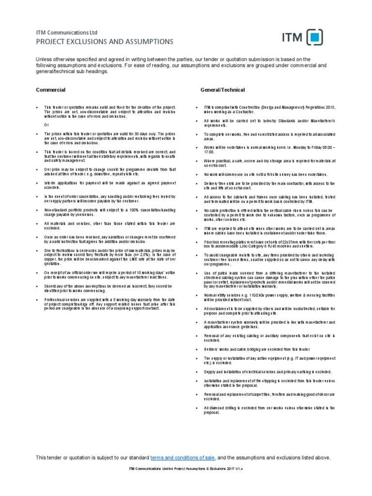 ITM Communications Limited Project Assumptions & Exclusions 2017 V1.4 | PDF
