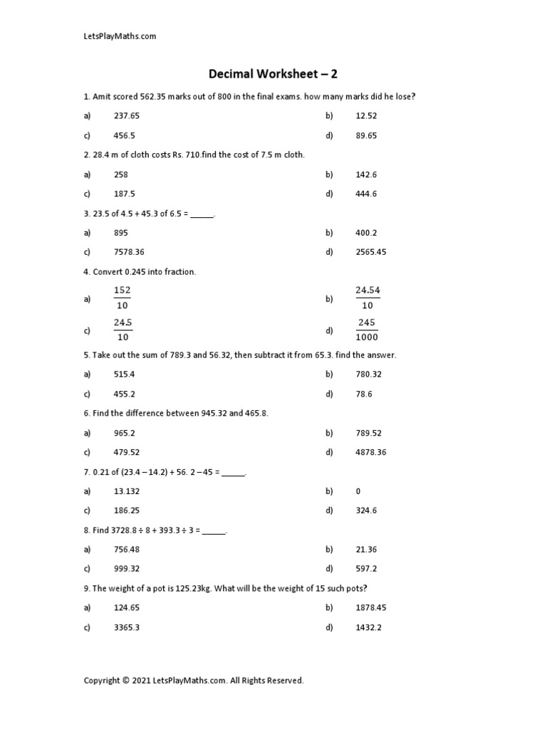 Decimals Worksheet-2 | PDF | Elementary Mathematics | Mathematics