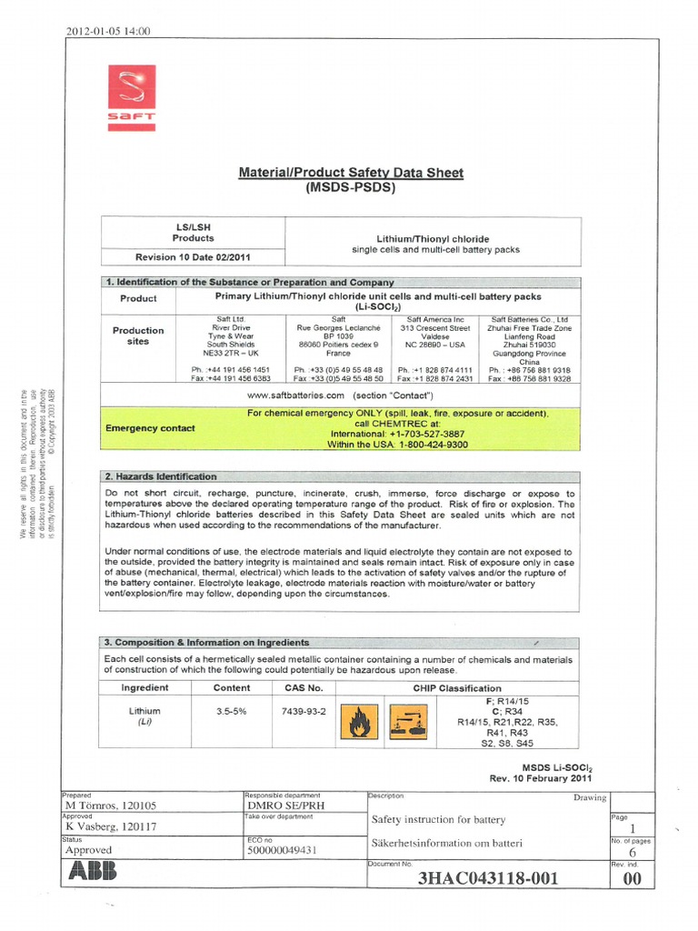 3HAC043118-001 - Safety Instruction For Battery | PDF